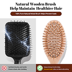 vklw Wooden Hair Brush and Comb, One-piece Design, Reduce Frizz and Static, Massage Scalp, Detangling Paddle Hairbrush for Women, Girls, Kids, Includes Cleaning Claw, 5 Wood Bristles