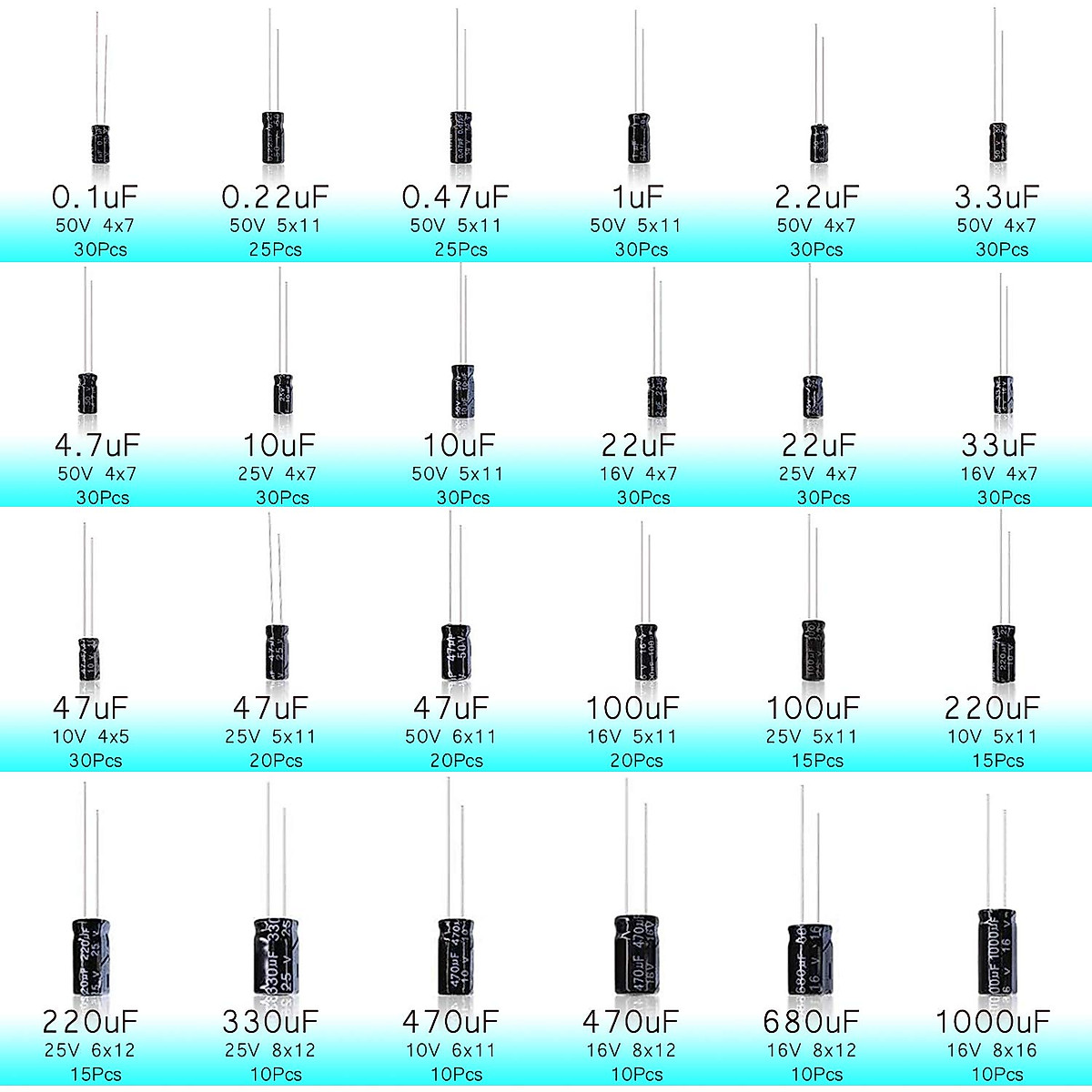 Tnisesm 535Pcs Electrolytic Capacitor 24 Value Range 0.1uF－1000uF Assortment Kit with Aluminum Radial Leads TN04-24Z