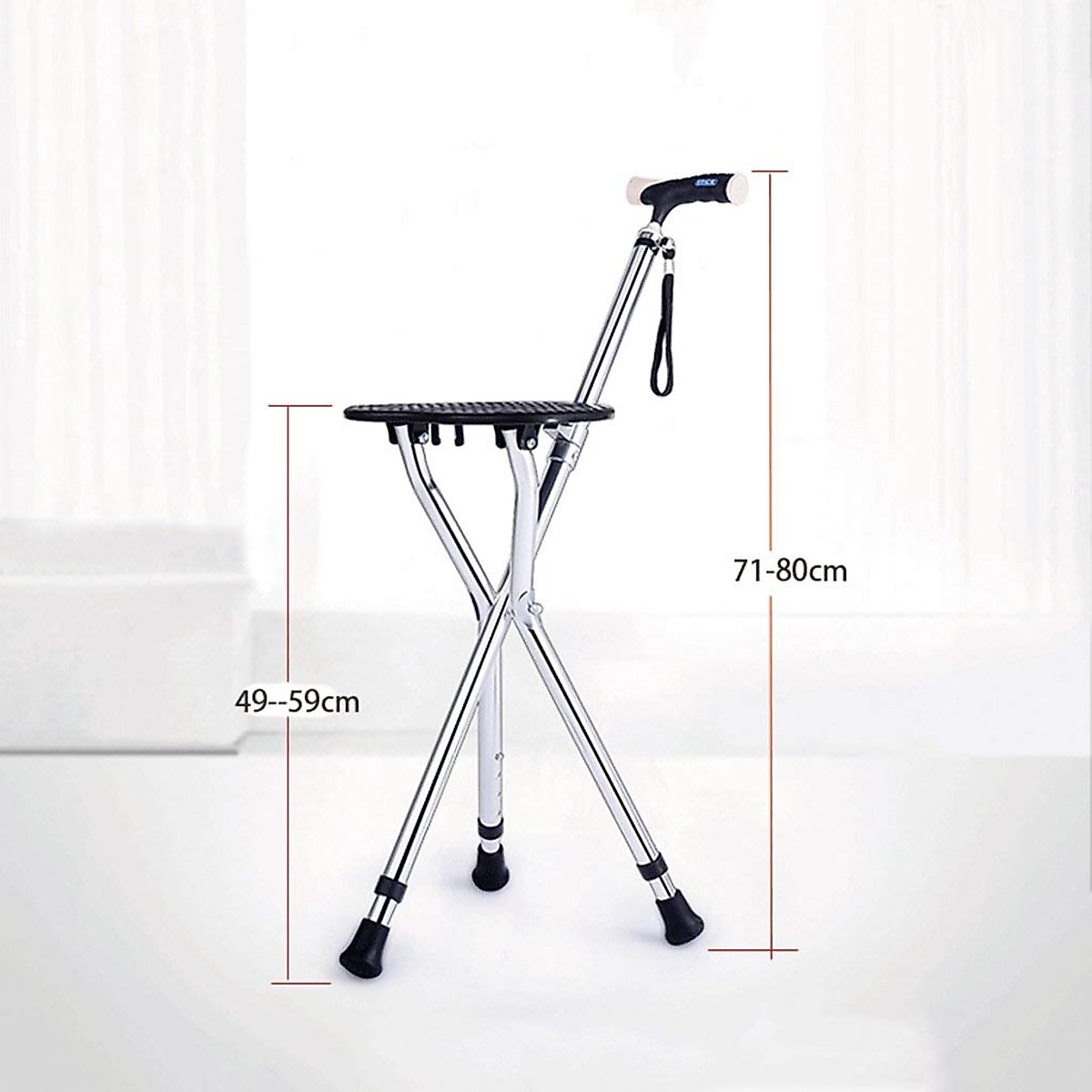 Folding Walking Stick with Seat Adjustable Height Tripod Cane Hiking Chair Aluminium Portable