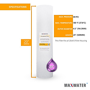Max Water 20 inch x 4.5 inch, 1 Micron Replacement Sediment Water Filter Cartridge for Whole House, Melt Blown Filtration Fiber for Heavy Duty (Pack of 4)