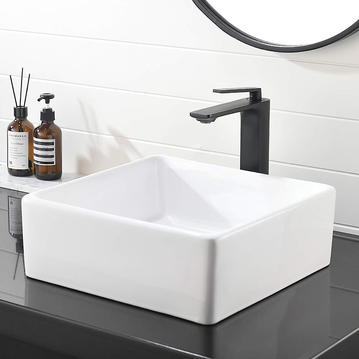 SOMRXO Bathroom Vessel Sink Square Vessel Sink For Bathroom 15"X15" Above Counter Bathroom Sink White Porcelain Ceramic Bathroom Vessel Sink Vanity Sink Art Basin