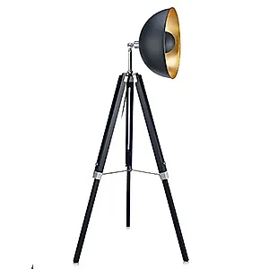 Teamson Home VN-L00019A Fascino Industrial Modern LED Studio Tripod Floor Lamp Tall Standing Light with Dish Shade for Living Room Reading Bedroom Home Office, 63 inch Height, Black/Gold