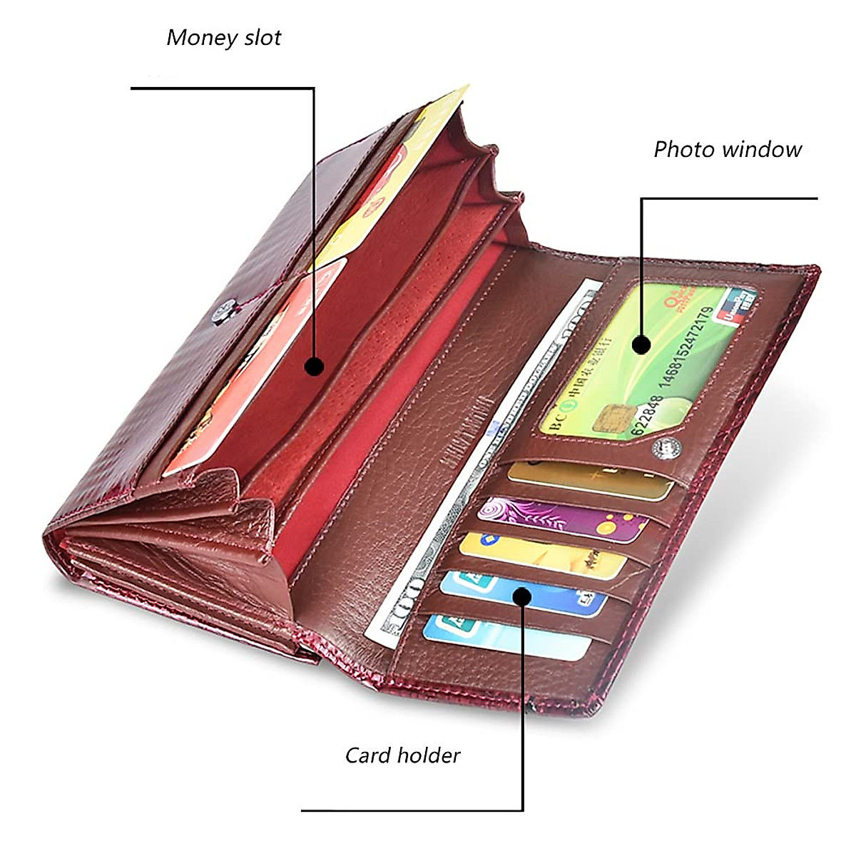 Dicihaya Womens Large Capacity Zipper Luxury Patent Genuine Leather Clutch Wallet Multi Card Organizer Coin Pouch (Burgundy)