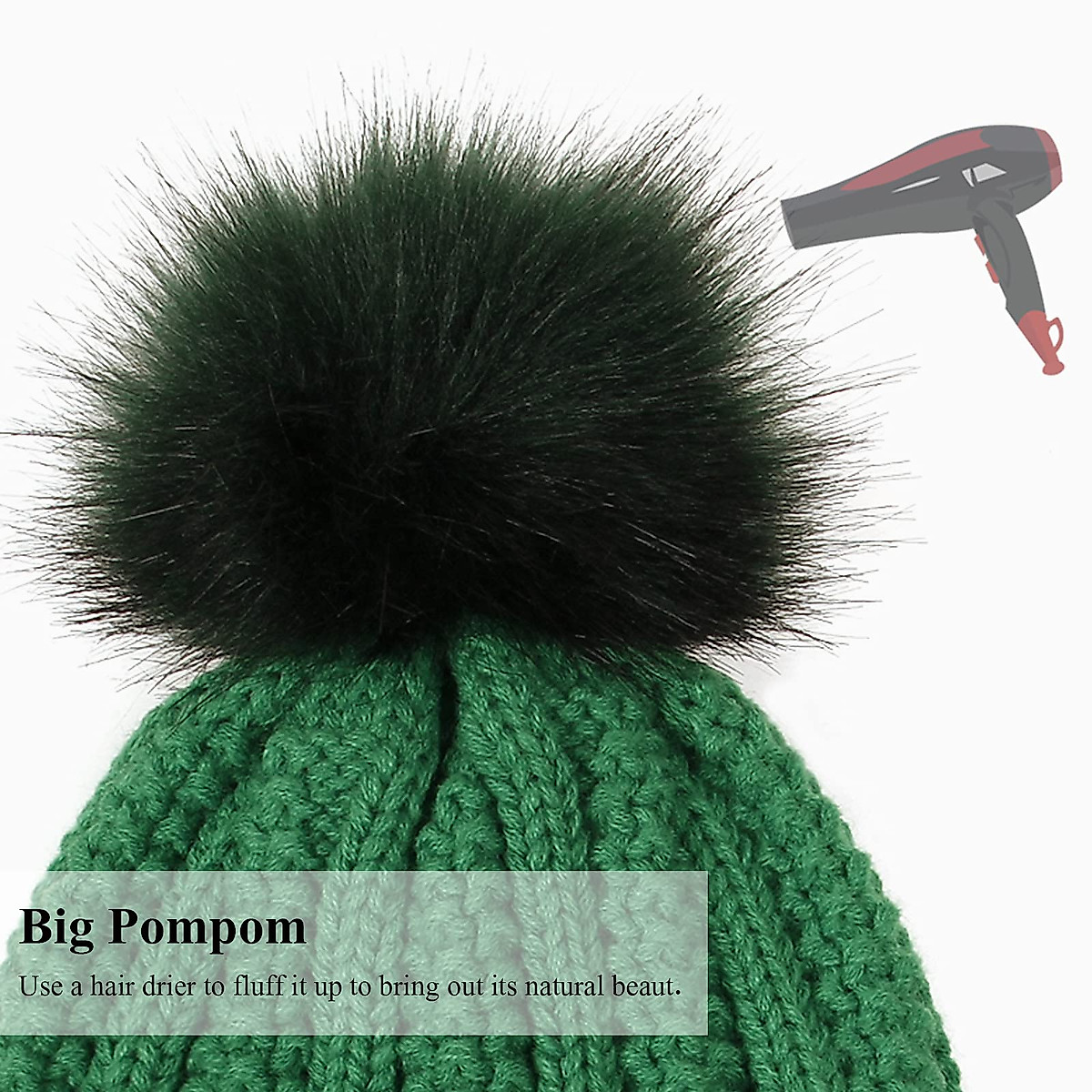 Muryobao Women Satin Lined Beanie Hat Knit Cuffed Warm Winter Hats Faux Fur Pom Pom Silk Lining Slouchy Skull Cap Green