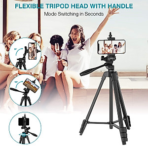 54" Phone Tripod Stand Extendable, Lightweight Aluminum Tripod for iPhone with Remote, Phone Holder for Live Stream & Selfies, Video Recording, Compatible with Phone/GoPro/Digital Cameras