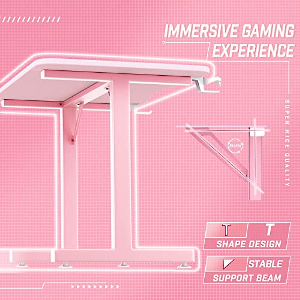 Vitesse Pink 40 Inch Cute Kawaii Computer Gaming Table T Shaped Girl Gamer Workstation Home Office Desk with Carbon Fiber Surface and Headphone Hook