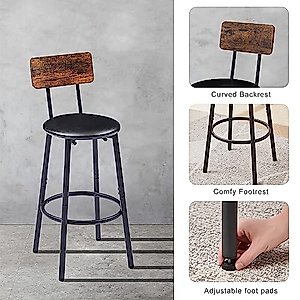 Tensun Bistro Table and Chairs Set of 2, Pub High Top Round Table and Chairs Set with Upholstered Cushion, Storage Shelf and Backrest, 3-Piece Bar Stool Set for Breakfast Nook, Rustic Brown