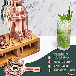 Copper Mixology Bartender Kit Cocktail Shaker Set by Barillio: Rose Gold Drink Mixer Set with Bar Tools, Muddler, Mixing Spoon, Jigger, Strainer, Sleek Bamboo Stand & Recipes Booklet