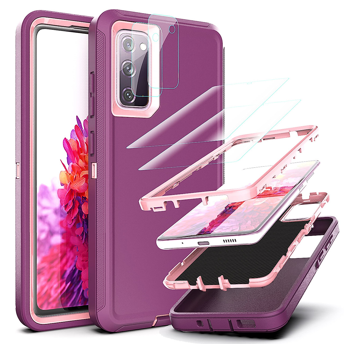 YmhxcY for Galaxy S20 FE Case, Explosion-Proof Film[2 Pack] and Camera Lens Screen Protective Film[2 Pack], 3-in-1 Shockproof Heavy Protection Cover for Galaxy S20 FE 6.5"-Wine Red and Rose Pink