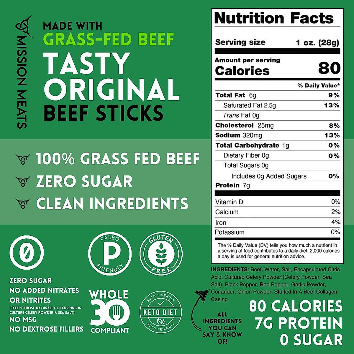 Mission Meats Grass Fed Beef Sticks – Sugar Free Beef Sticks, Gluten Free, Whole 30, Paleo, Keto Meat Sticks, Sugar Free Jerky Beef Sticks Individually Wrapped, 1oz (Original, Pack of 12)