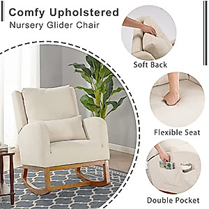 Iroomy Modern Accent Rocking Chair, Upholstered Rocking Chair Glider Rocker High Back Arm Chair W/2 Side Pockets, Rocking Chair Indoor for Living Room/Bedroom/Nursery-Beige