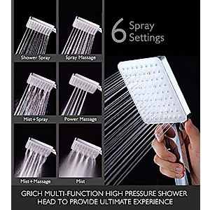 GRICH High Pressure Shower Head with Handheld, 6 Spray Modes/Settings Detachable Shower Head with Stretchable 59" 304 Stainless Steel Hose and Multi Angle Adjustable Shower Bracket