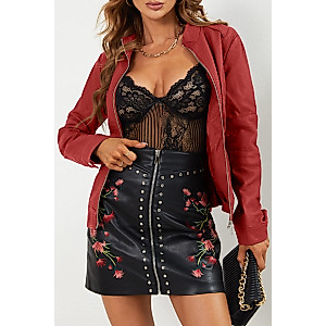 Bellivera Womens Faux Leather Jacket Moto Long Sleeves Coat 36 Red XL