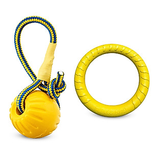 petsYa Ball Dog with Rope and Dog Ring Flying Traning chew Dog Toys Soft Foam Ball for Fetching Soaring Flying Ring