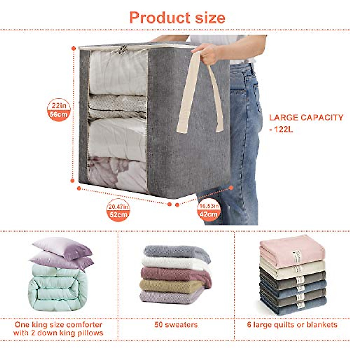 Qozary 3 Pack Large Storage Bags for Comforters, Blankets, Clothes, Quilts and Towels, Better and Sturdy Under Bed Organizer Bag for Closets, Bedrooms (Gray, Extra Large - 122L - 20.47x 16.53x 22")