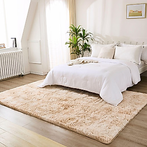 Calctic Fluffy 4x6 Shag Area Rug, Washable Tie-Dyed Beige Large Rug for Living Room and Bedroom, Soft Plush Faux Fur Carpet Ideal for Nursery Boys and Girls, Non-Slip Area Rug Perfect for Playroom