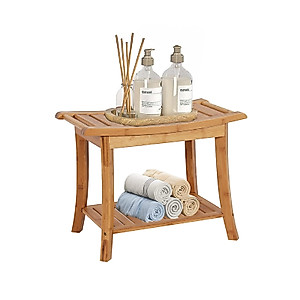 Kinsuite Bamboo Wooden Shower Bench Seat Bathroom Shower Chair with Storage Shelf Organizer Stool Indoor Bathing Bench for Inside Shower