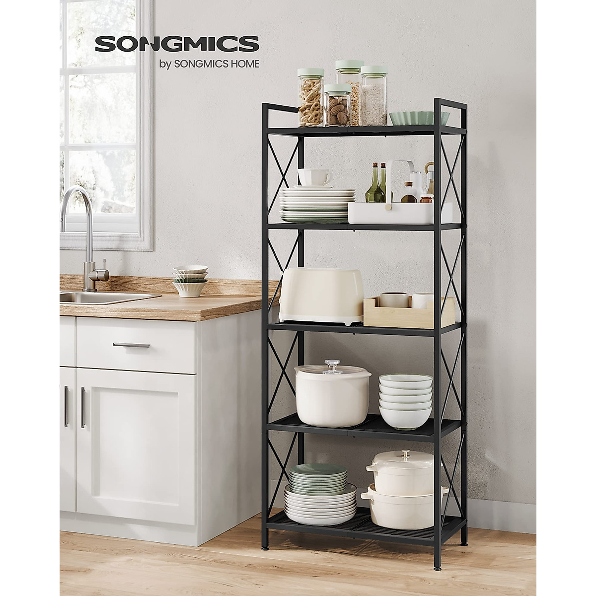 SONGMICS 5-Tier Metal Storage Rack, Shelving Unit with X Side Frames, Dense Mesh, 12.6 x 23.6 x 57.3 Inches, for Entryway, Kitchen, Living Room, Bathroom, Industrial Style, Ink Black UBSC165B01