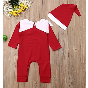 unniful Newborn Baby's Xmas Long Sleeve Romper+Hat Chrismas Santa Claus Dressed Set Onesies Jumpsuit 2pcs … (Red, 90/12-18m)