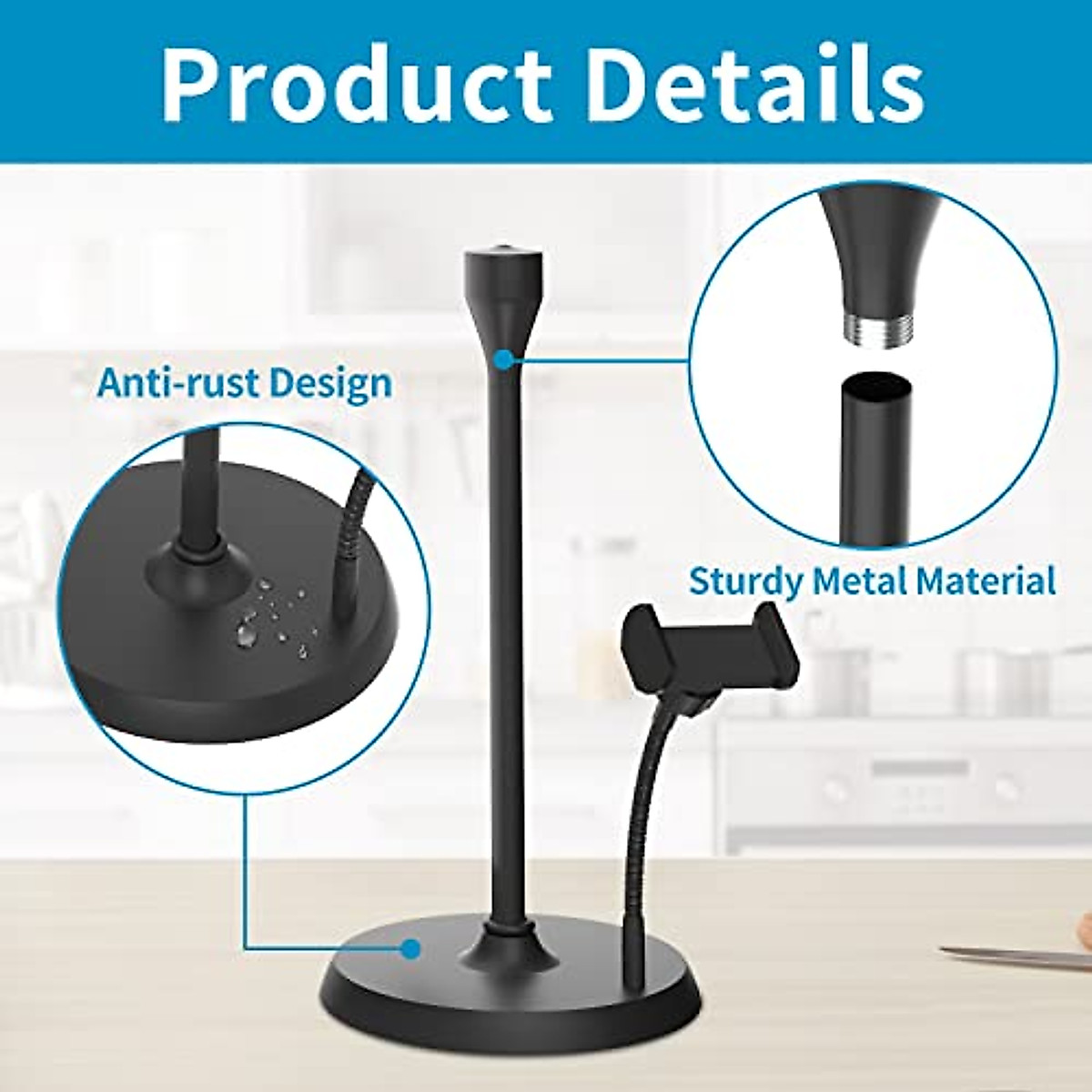 Multi-Function Black Paper Towel Holder Countertop with Phone Holder, Easy One Hand Tear Paper Towel Holder Stand with Weighted Base Spring Arm for Most Sizes Paper Roll for Kitchen Paper Towel Rack