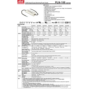 MEANWELL PLN-100-20 Single Output, 100 Watts, 20v, LED Power Supply with NO 277 VAC