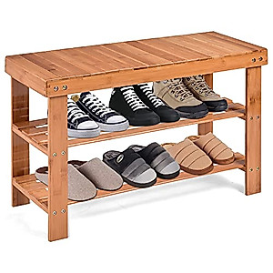 COSTWAY Bamboo Shoe Rack Bench 3-Tier Free Standing Wood Shoe Storage Organizer Shelf Holder Home Entryway Hallway Furniture Eco-Friendly (Natural)