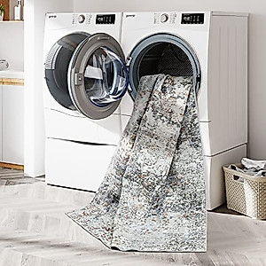 Miukiki Rugs Washable Area Rug - 9x12 Large Living Room Rug, Non-Slip Ultra-Thin Low Pile Bedroom Mat, Abstract Lightweight Floor Carpet for Dining Room Kitchen (Orange/Grey, 9' x 12')