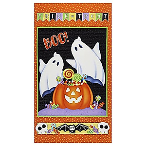 Henry Glass Glow In The Dark Glow Ghosts Ghost & Pumpkin 24" Panel Orange, Fabric