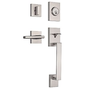 Nuk3y Haven Modern Handleset Front Door Entry Handle and Deadbolt with Reversible Inside Lever Trim (Square Hulk Lever Trim, Satin Nickel)