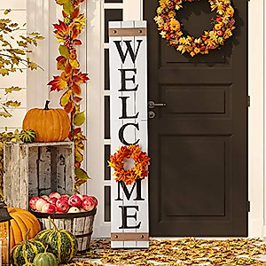 Glitzhome Welcome Sign for Front Door Porch Rustic Farmhouse Wooden Hanging Wall Decor with Interchangeable Floral Wreath, 60" H, White