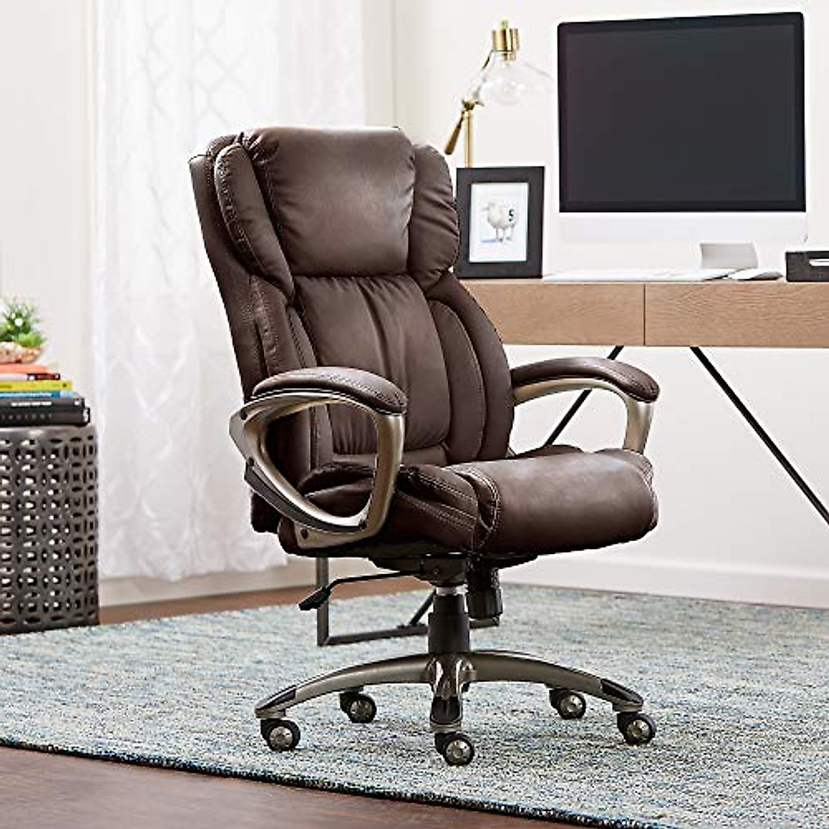 Serta Executive Office Adjustable Ergonomic Computer Chair with Layered Body Pillows, Waterfall Seat Edge, Bonded Leather, High-Back, Brown