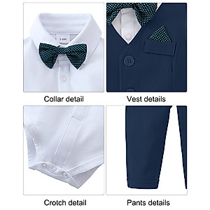 DISAUR Baby Boy Wedding Outfit Long Sleeve Infant White Shirt Dark Blue Plaid Vest Pants Bow Tie Baby Blessing Outfits For Boys 1t 12 18 Months