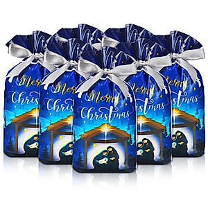 Funrous 50 Pcs Christmas Nativity Gift Bags Christmas Drawstring Plastic Bag Bulk Religious Gift Bags with Ties Xmas Holy Gift Wrapping Sacks for Birthday Party Treat Candy Goody Christmas Presents