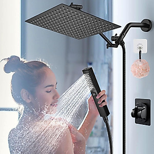 Shower Head Combo,10 Inch High Pressure Rain Shower Head with 11 Inch Adjustable Extension Arm and 3 Settings Handheld,Powerful Shower Spray Against Low Pressure Water with Long Hose