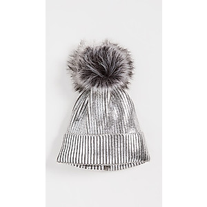 Adrienne Landau Women's Metallic Hat with Pom, Silver, One Size