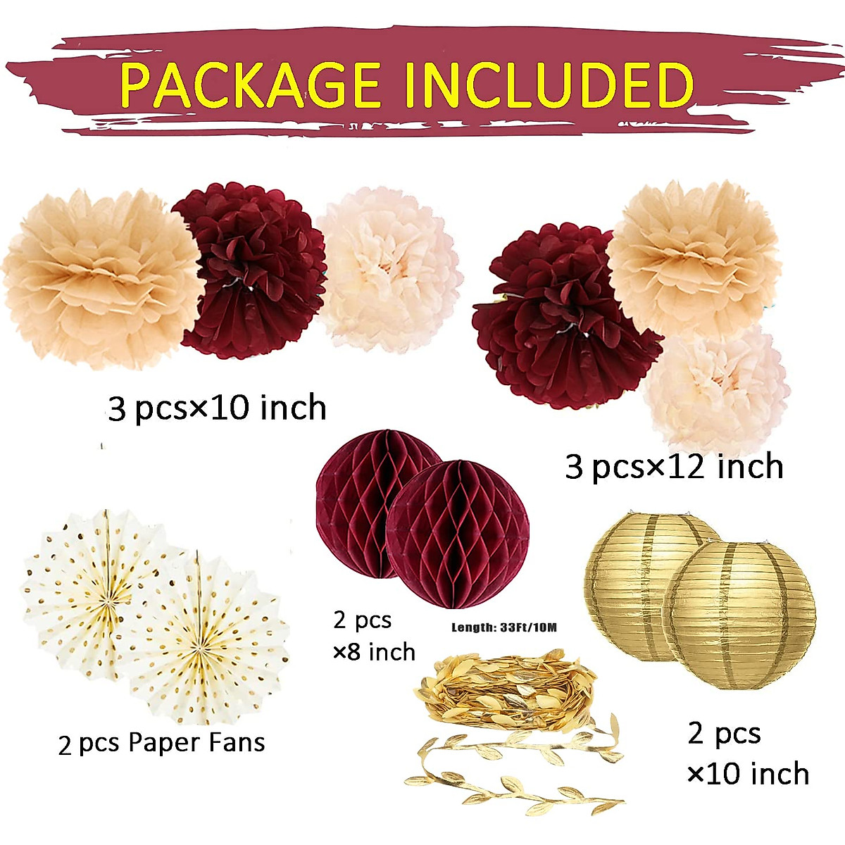 Burgundy Gold Birthday Party Decorations Women/Fall Bridal Shower Decorations Maroon Gold//Maroon Gold Bachelorette Party Decorations Gold Leaves Leaf Ribbon/Burgundy Gold Wedding