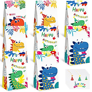 JOHOUSE 24PCS Dinosaur Party Favor Bags, Paper Gift Bags with Stickers Treat Bags Dinosaur Goodie Bags for Birthday Baby Shower