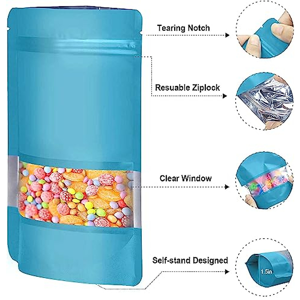 ODDIER 5.5"x7.8" 120pcs Smell Proof Mylar Bags for Food Storage, Stand-up Resealable Mylar Bags Food Storage Bags with Clear Window, Foil Pouch Stand-up Bags for Food Self Sealing Storage（Blue ）