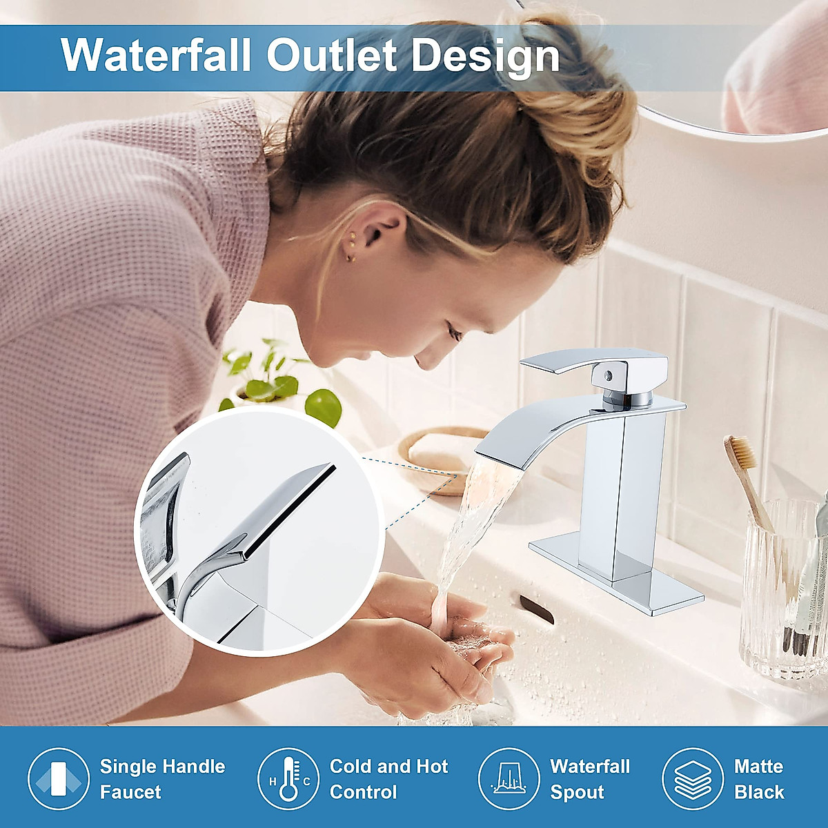 PHICHI Chrome Bathroom Faucet Waterfall Single Handle 1 or 3 Hole Faucet, Commercial Modern Lavatory Tap with Pop-up Drain and Deck Plate