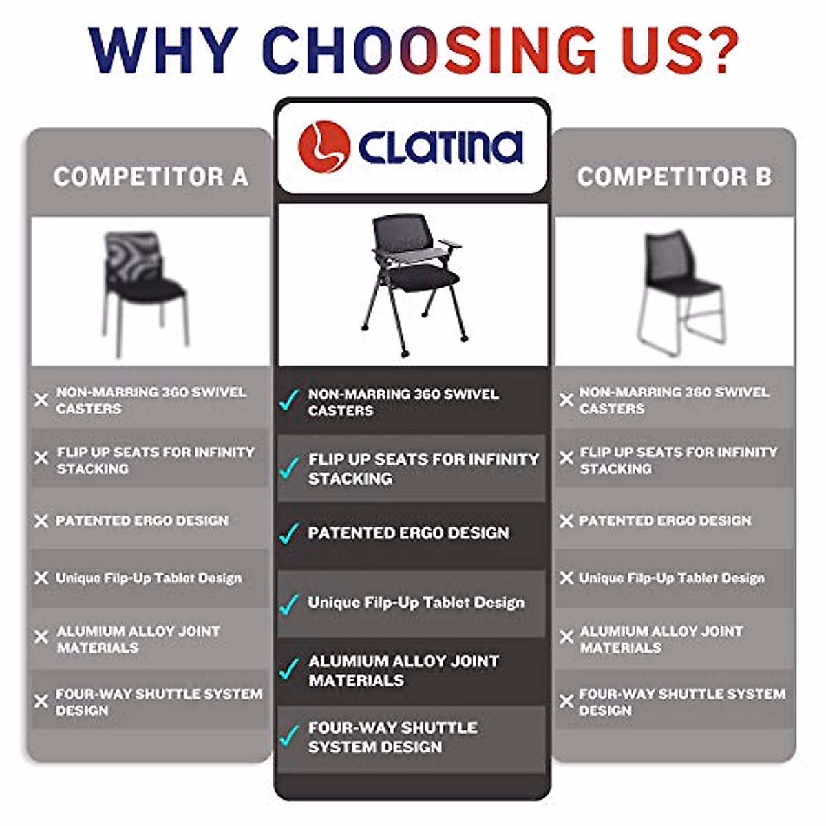 CLATINA Tablet Arm Chair with Caster Wheels Mesh Guest Nesting Stacking for Office School Classroom Training Conference Waiting Room Black