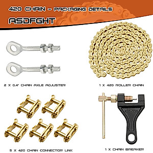 ASDFGHT 420 Chain 420 Standard Roller Chain 132 Link, Gold 420 Drive Chain for 110 125cc Dirt Pit Bike, ATV Quad Go Kart Scooter Mini Bike (With Chain Breaker +0.4" Chain Axle Adjuster)