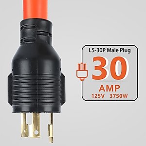 boeemi 30 Amp RV Generator Adapter- 14 Inch 3 Prong L5-30P Twist Lock Male Plug to TT-30R Female, STW 10/3 RV Plug Adapter Cord for Generator