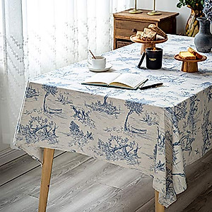 GLORY SEASON Rustic Tablecloth Classic French Village Printed Linen Fabric Table Cover Farmhouse Decoration 55x120 Inches Rectangle/Oblong Blue for Kitchen Dining