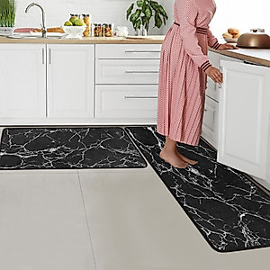 AUUXVA Black Marble Texture Lines Print Kitchen Mats Cushioned Anti Fatigue 2 pcs Set, Memory Foam Kitchen Rugs, Non Slip Washable Area Rug for Floor Sweet Home Decor, 17"x29"+17"x47"