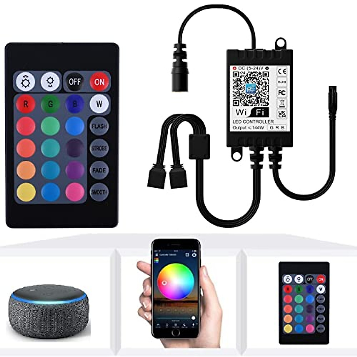 MIHEAL WiFi Wireless Smart LED Controller with 24 Keys Remote for RGB LED Strip Lights, Compatible with Alexa Google Home IFTTT, Support Android iOS System