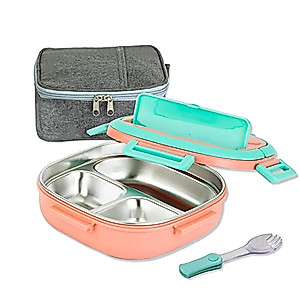 Lille Home 18oz Stainless Steel Leakproof 3-Compartment Bento Lunch Box/Portion Control Food Container with Lunch Bag and Foldable Spoon, BPA Free (Pink)