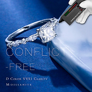 MOOSEA Cushion Moissanite Solitaire Ring for Women, 1.5ct D Color VVS1 Clarity Lab Created Diamond Rings 14K White Gold Vermeil Moissanite Anniversary Rings for Women Promise Rings for Her Gifts