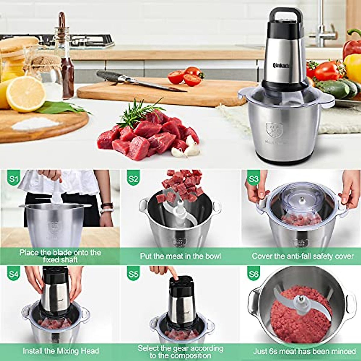 Electric Meat Grinder, Qinkada 500W Food Processor 3.5L Chopping Meat, 14Cup Large Stainless Steel Electric Food Chopper with 4 Sharp Blades 3 Rotating Speed Levels and Spatula