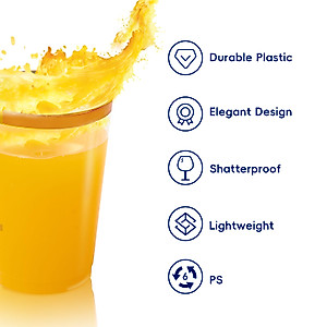 JOLLY CHEF 100 Pack Gold Plastic Cups, 12 oz Clear Plastic Cups Tumblers, Elegant Gold Rimmed Plastic Cups, Disposable Cups with Gold Rim Perfect for Wedding, Thanksgiving Day, Christmas Party Cups