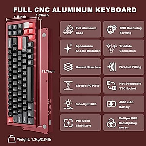 YUNZII AL71 75% Mechanical Keyboard,Full Aluminum CNC,Hot Swappable Gasket,2.4GHz Wireless BT5.0/USB-C Wired,NKRO Programmable RGB Backlight Creamy Typing for Win/Mac(Red,Crystal White Switch)